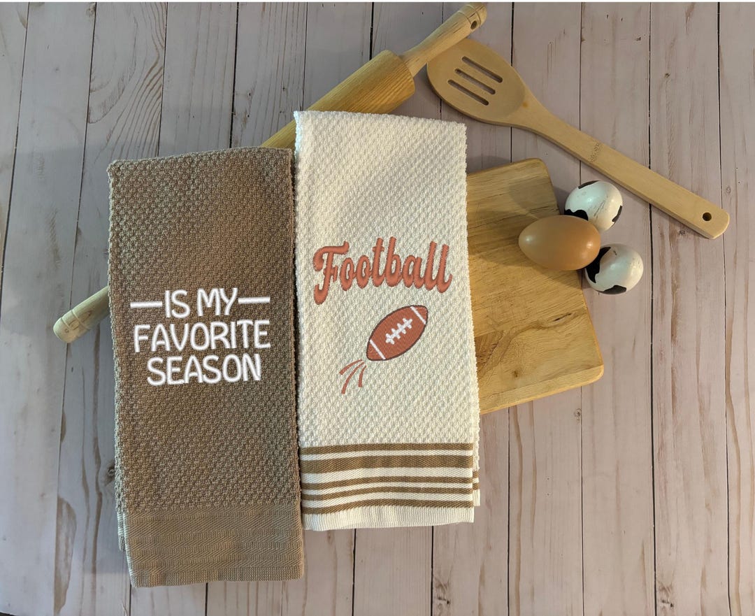 Embroidered Football Kitchen Towels | Tan & White Tea Towel | “football ...