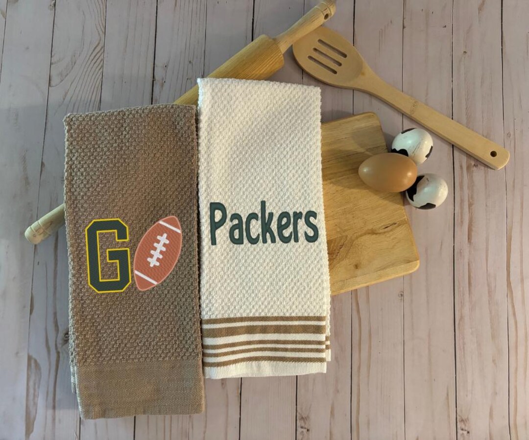 Packers Embroidered Football Kitchen Towels | Tan & White Tea Towel ...