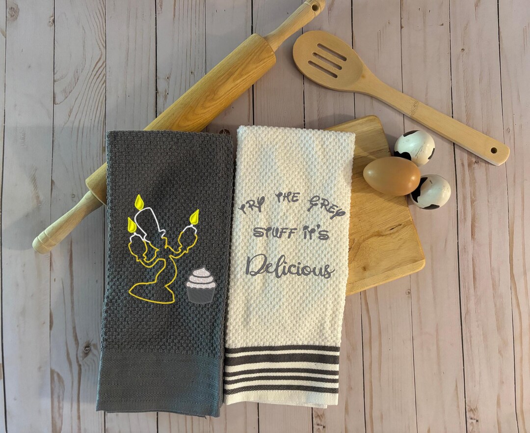 Embroidered Kitchen Towels, Lumiere Towels, Try the Grey Stuff, Grey ...