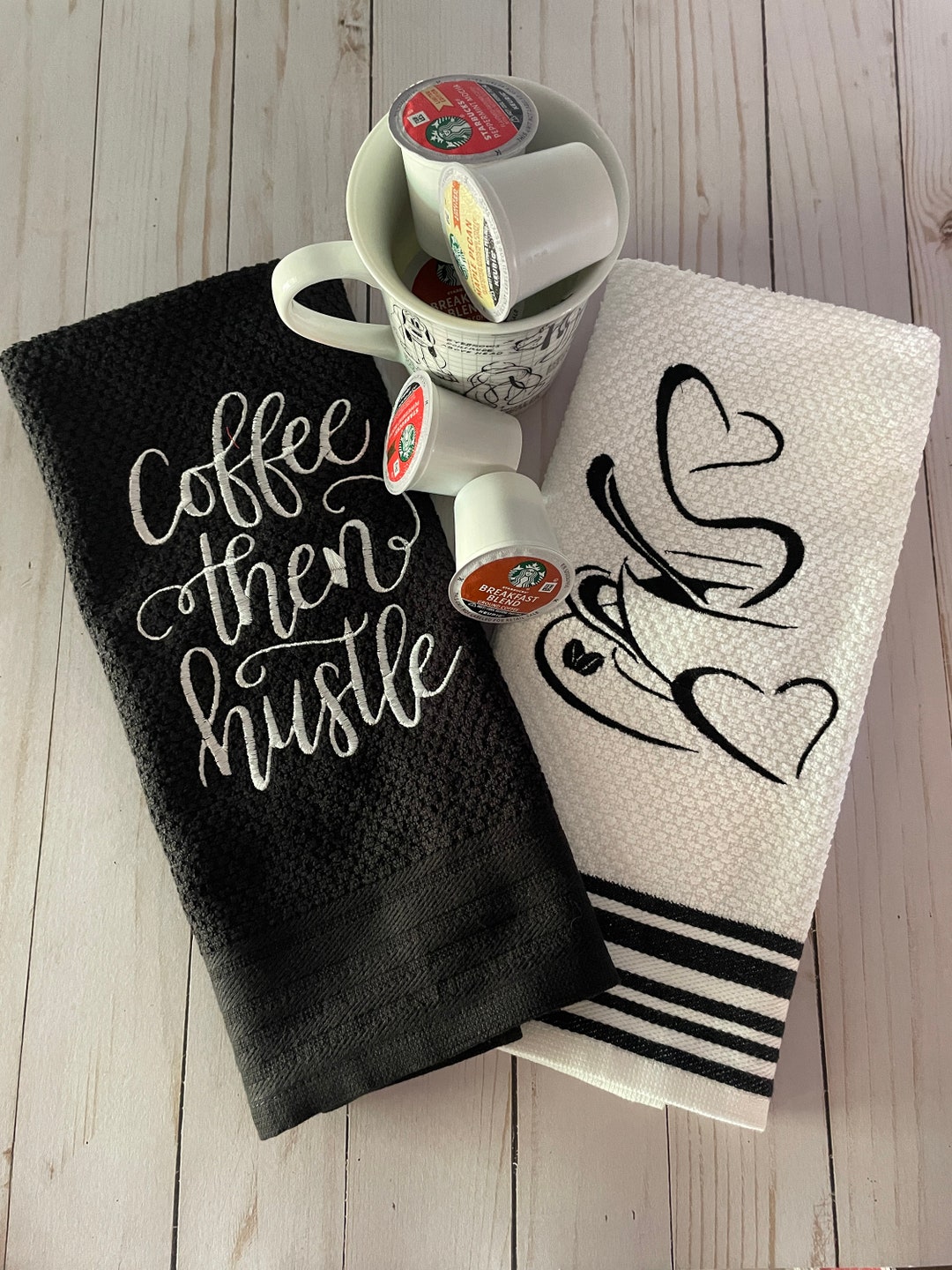 Embroidered Kitchen Towels, Coffee Then Hustle, Black & White, Tea ...