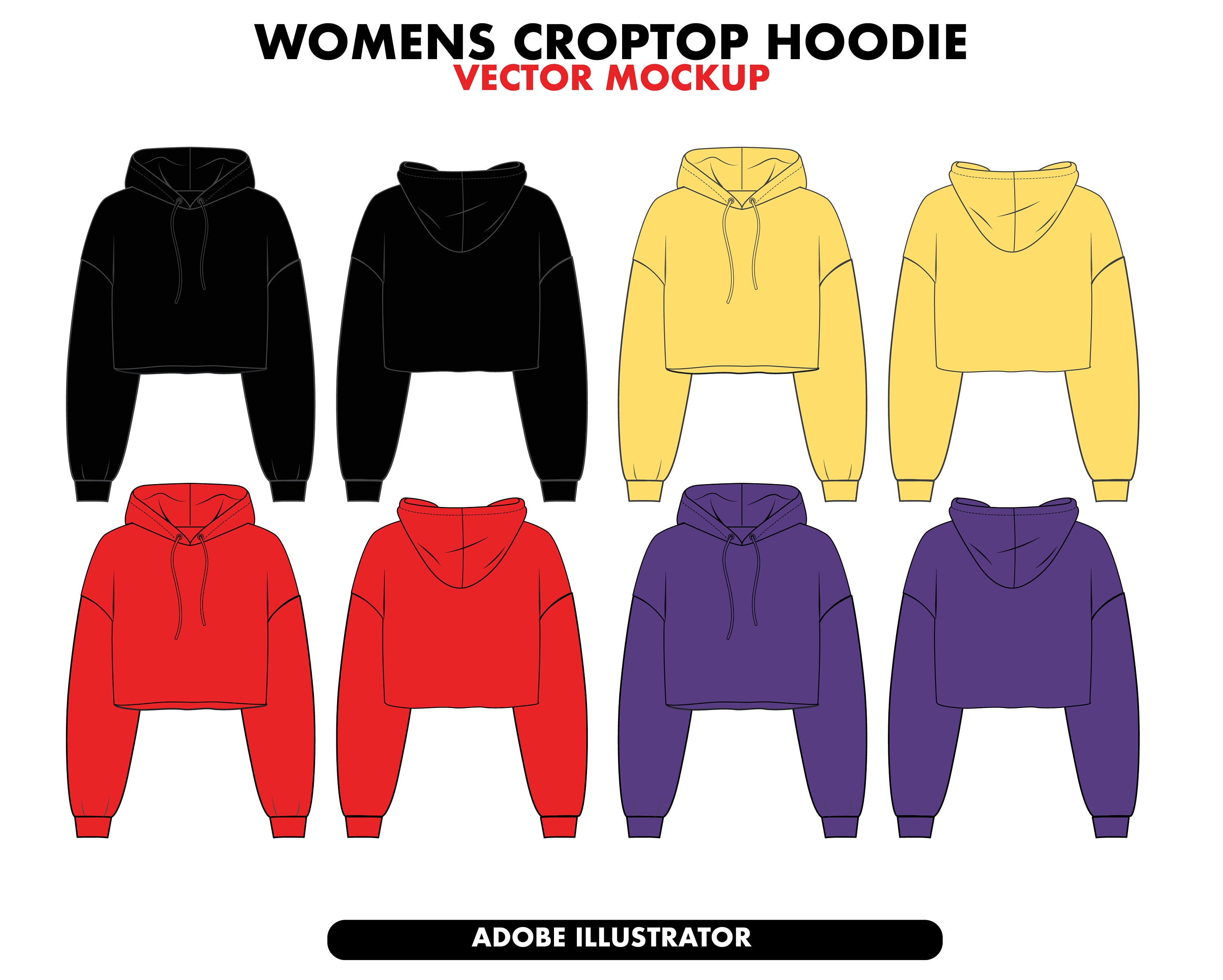 Cropped Hoodie Vector Mockup, Hoodie Tech Pack, Streetwear Vector ...