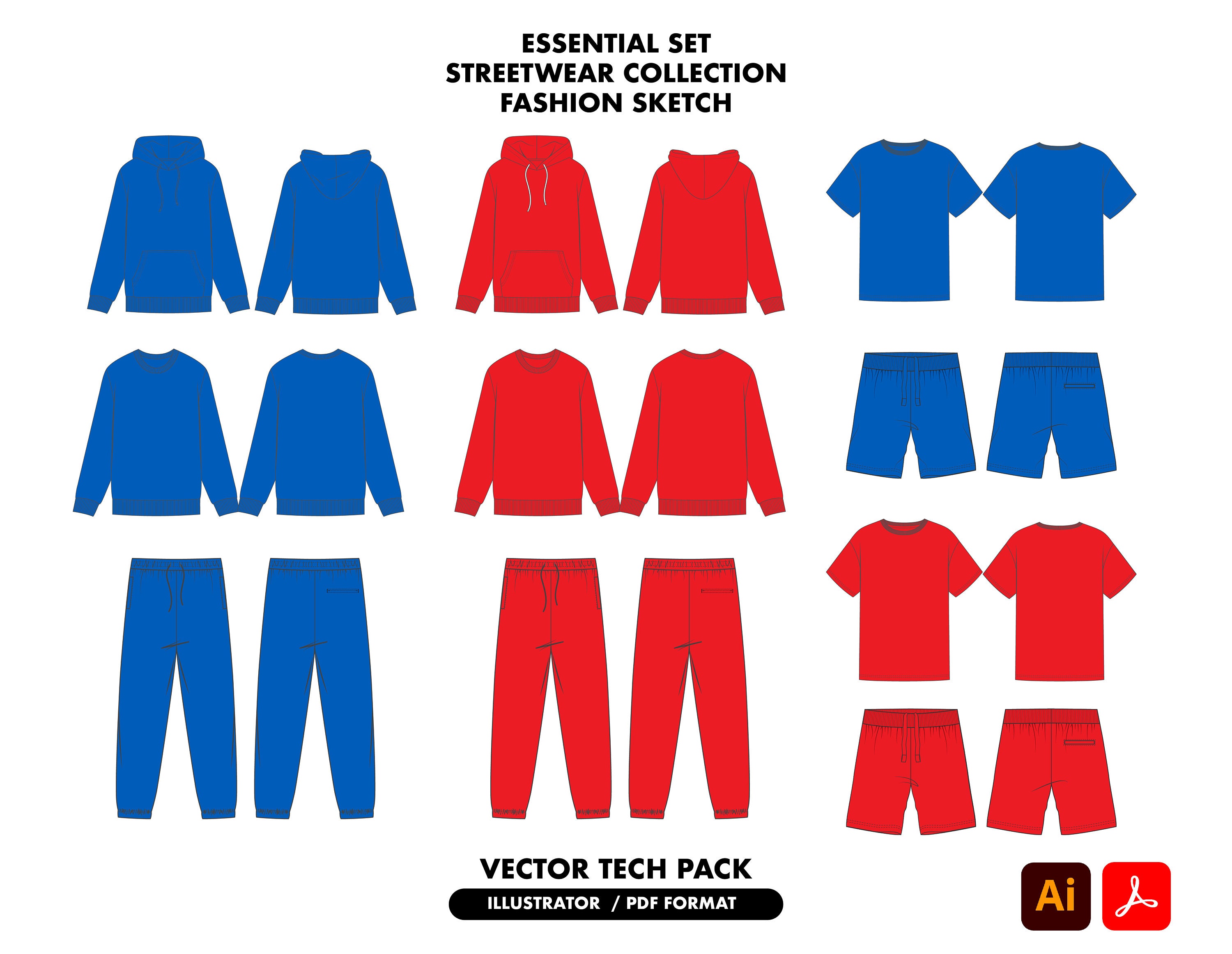 Streetwear Template Mockup - Flat Sketch Technical Drawing-illustrator ...