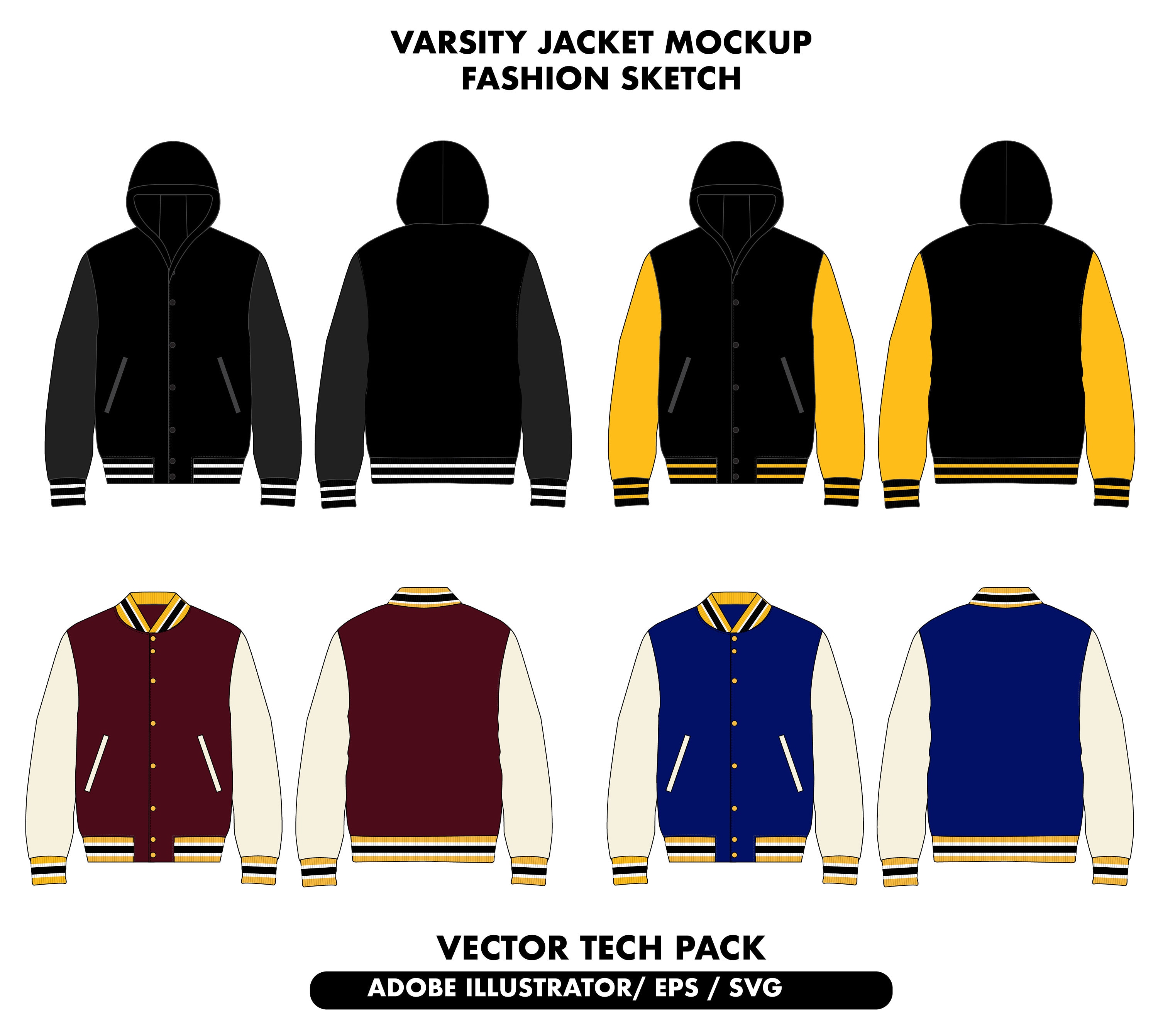 Varsity Jacket Tech Pack, Clothing Sketch, Bundle Fashion Design ...