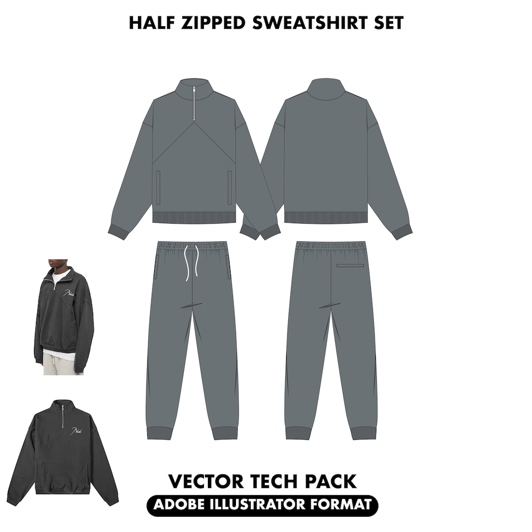 Half Zipped Fleece Fashion Mockup, Streetwear Techpack, Clothing Mockup ...
