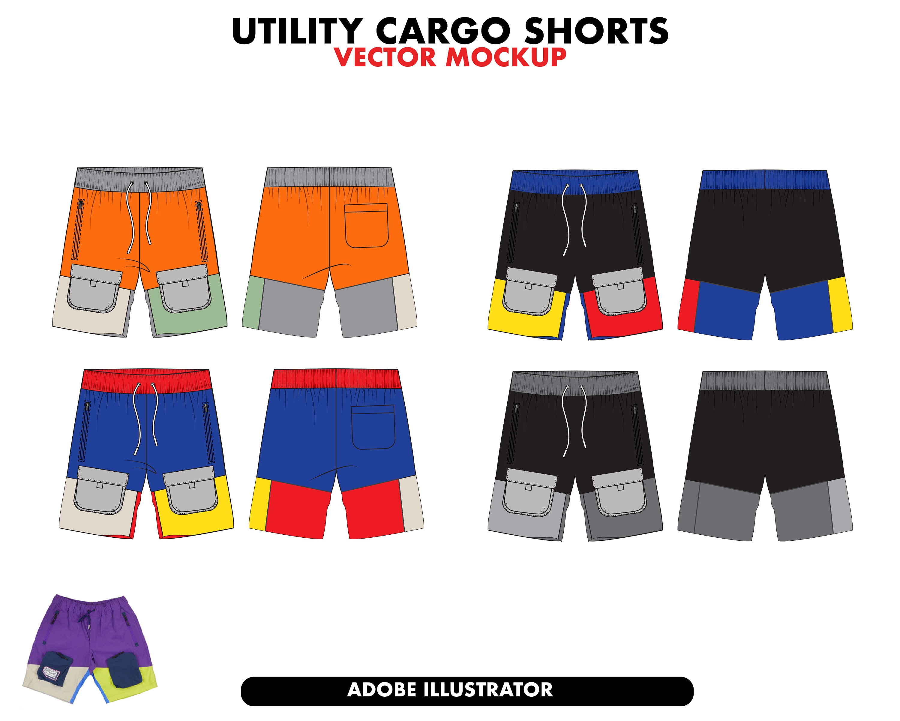 Cargo Shorts Vector Mockup, Cargo Shorts Template, Shorts Tech Pack ...