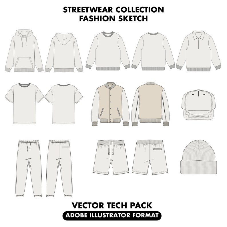 Streetwear Collection Tech Pack Bundle, Clothing Sketch, Flat Clothing ...