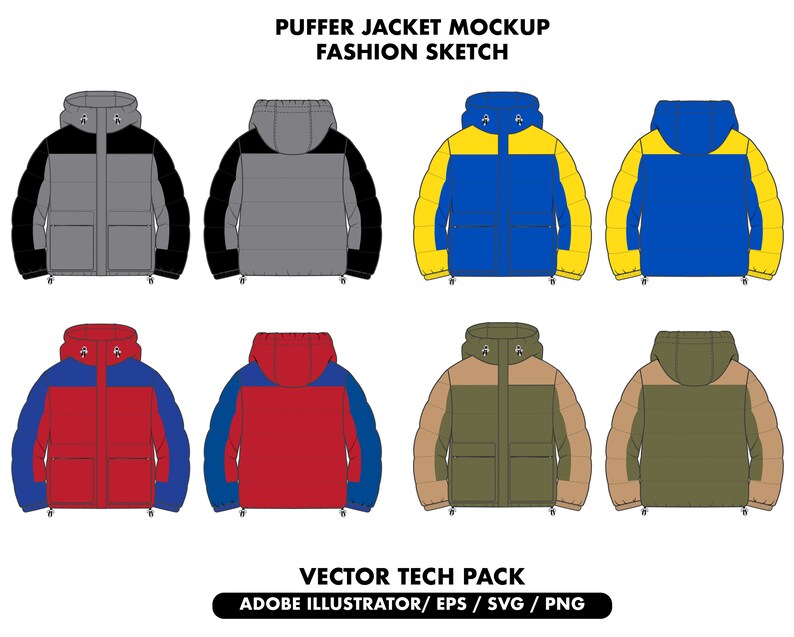 Puffer Jacket Tech Pack, Clothing Sketch, Flat Clothing Mockup, Jacket ...