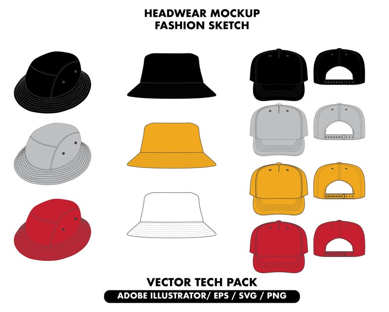 Headwear Collection Tech Pack Bundle, Headwear Sketch, Bundle Fashion ...