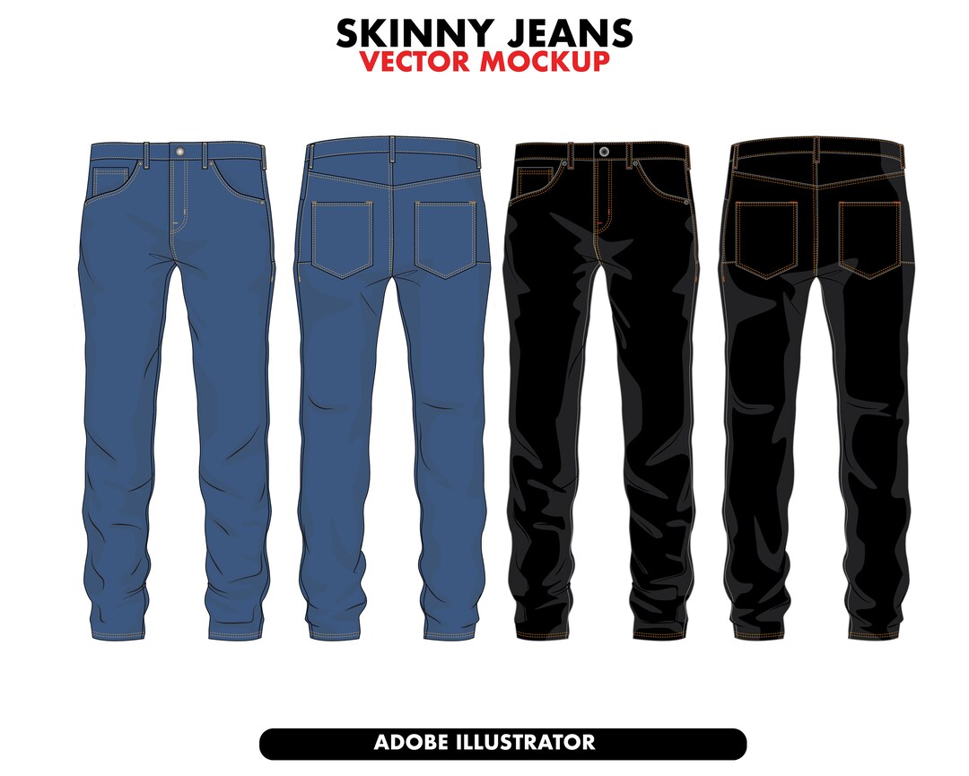 Skinny Jeans Vector Mockup, Denim Pants Sketch, Pants Vector Tech Pack ...