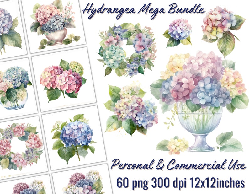 Hydrangea Mega Bundle Clipart 60 PNG Watercolor Floral - Etsy
