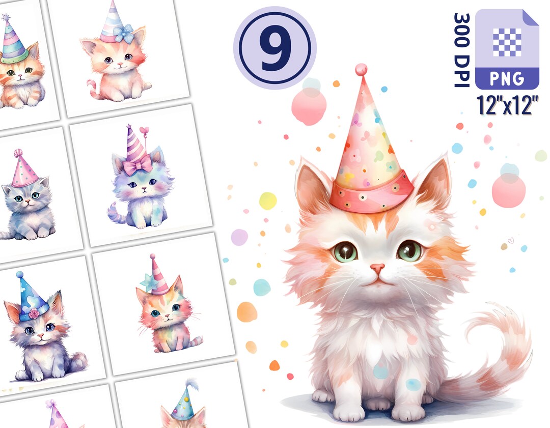 Watercolor Birthday Cats Clipart Set for Creative Projects, Kitten ...