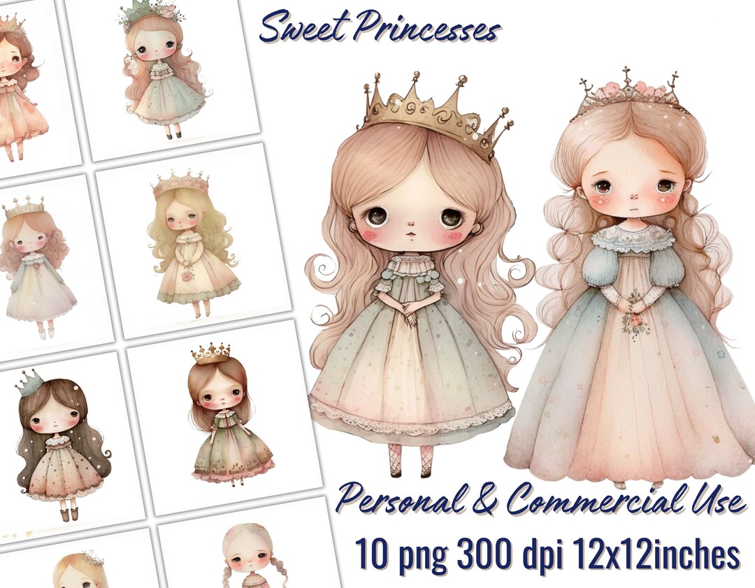 Watercolor Princesses Clipart Set, 10 PNG, Transparent Background, Cute ...
