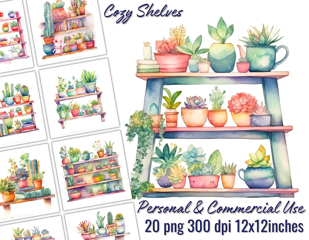 Watercolor Cozy Shelf Clipart - Books and Indoor Plant - 20 PNG ...