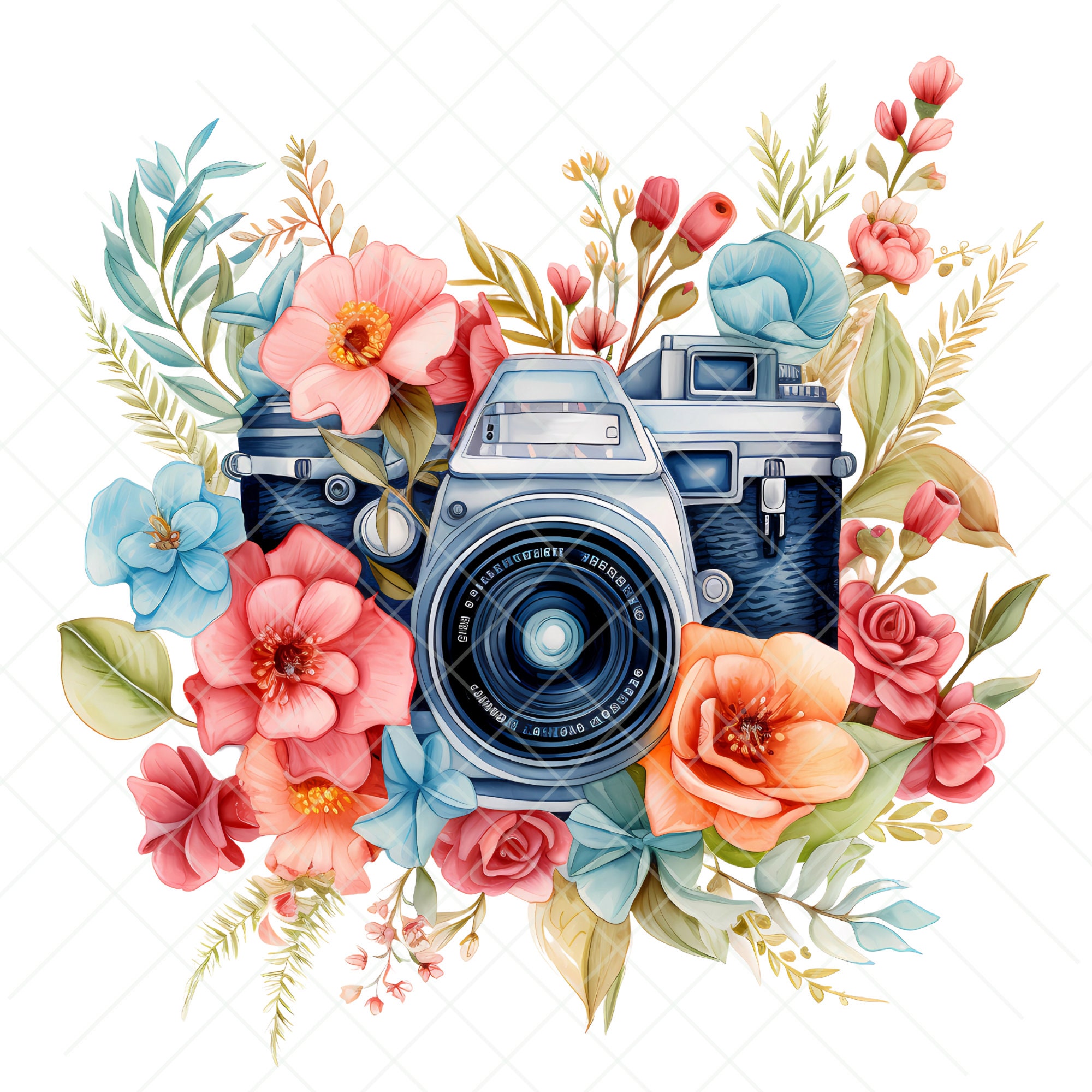 Watercolor Floral Camera Clipart for Creative Project - Etsy