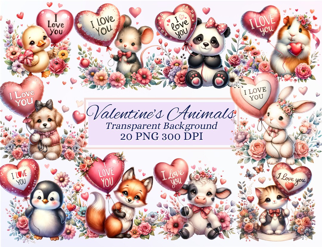 Valentine's Animal Clipart Set for Creative Project, Valentine Day ...