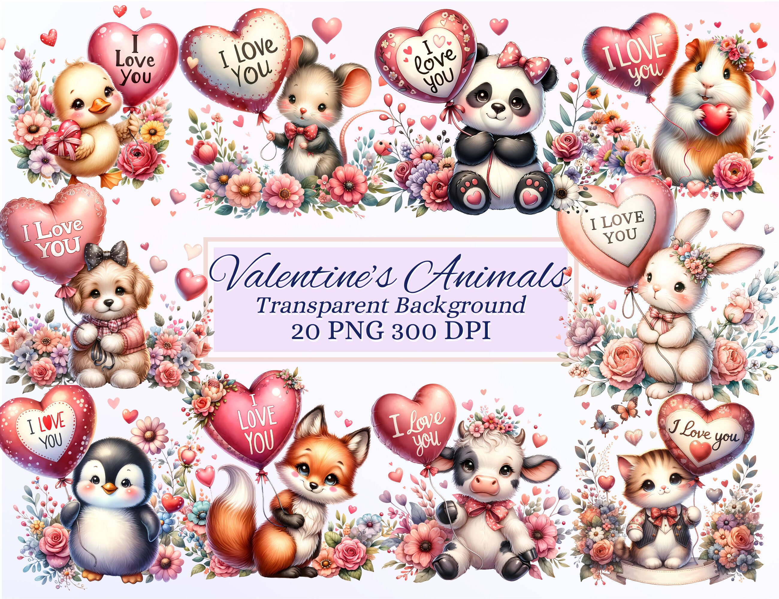 Valentine's Animal Clipart Set for Creative Project, Valentine Day ...