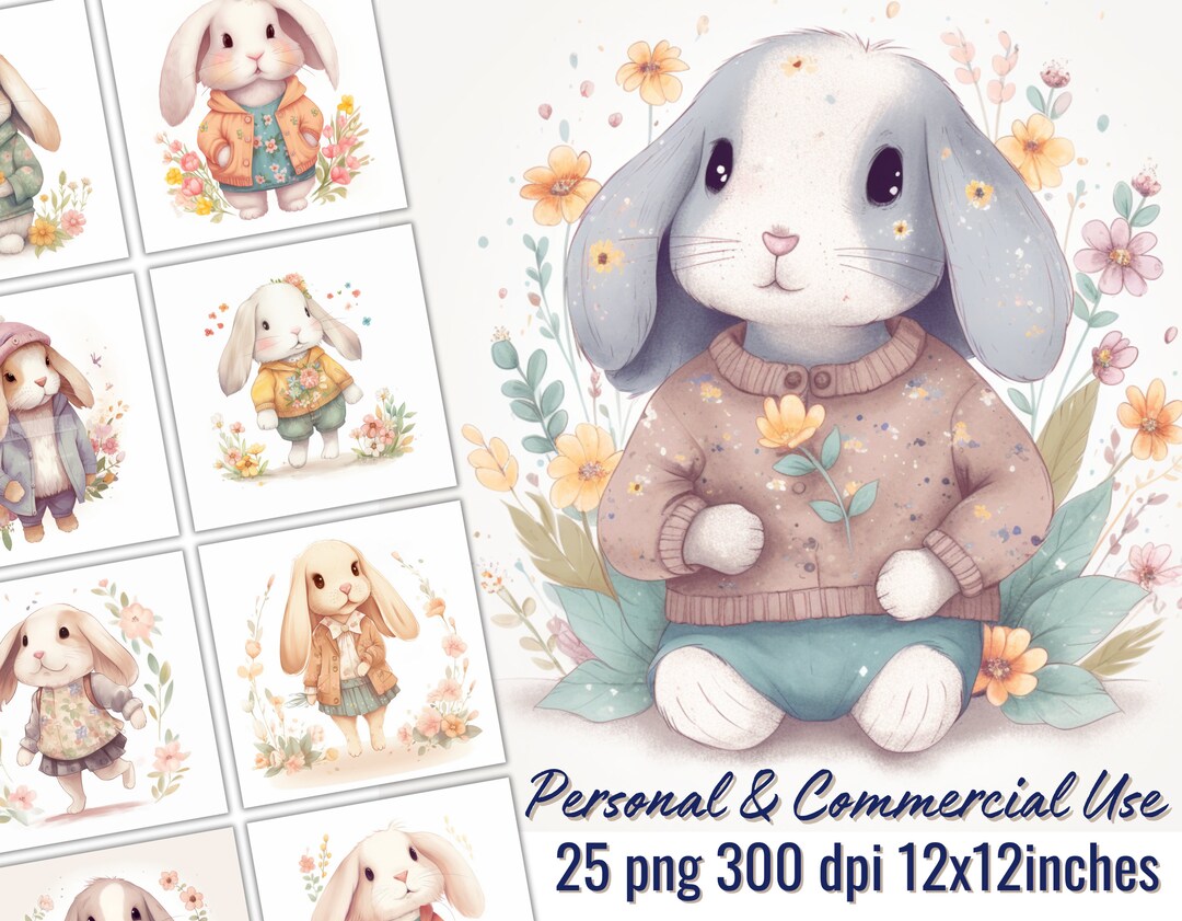 Sweet Bunnies With Flower Clipart - Rabbit Illustration Bundle - 25 PNG ...
