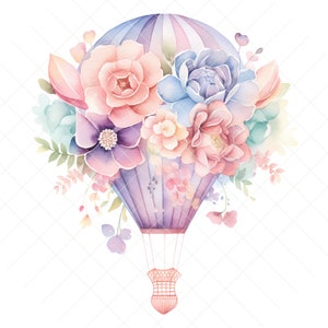 Floral Hot Air Balloons Clipart for Projects, Whimsical Nursery Wall ...