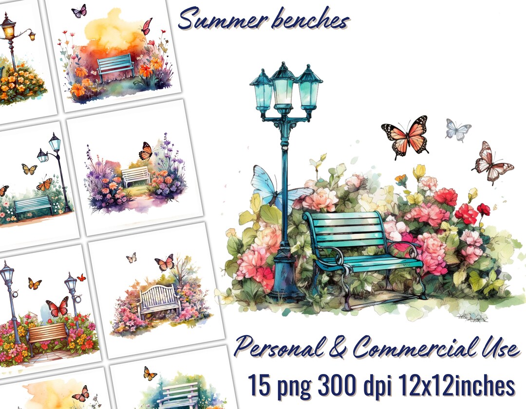 Summer Benches Clipart Bundle for Creative Projects, 15 PNG, Embrace ...