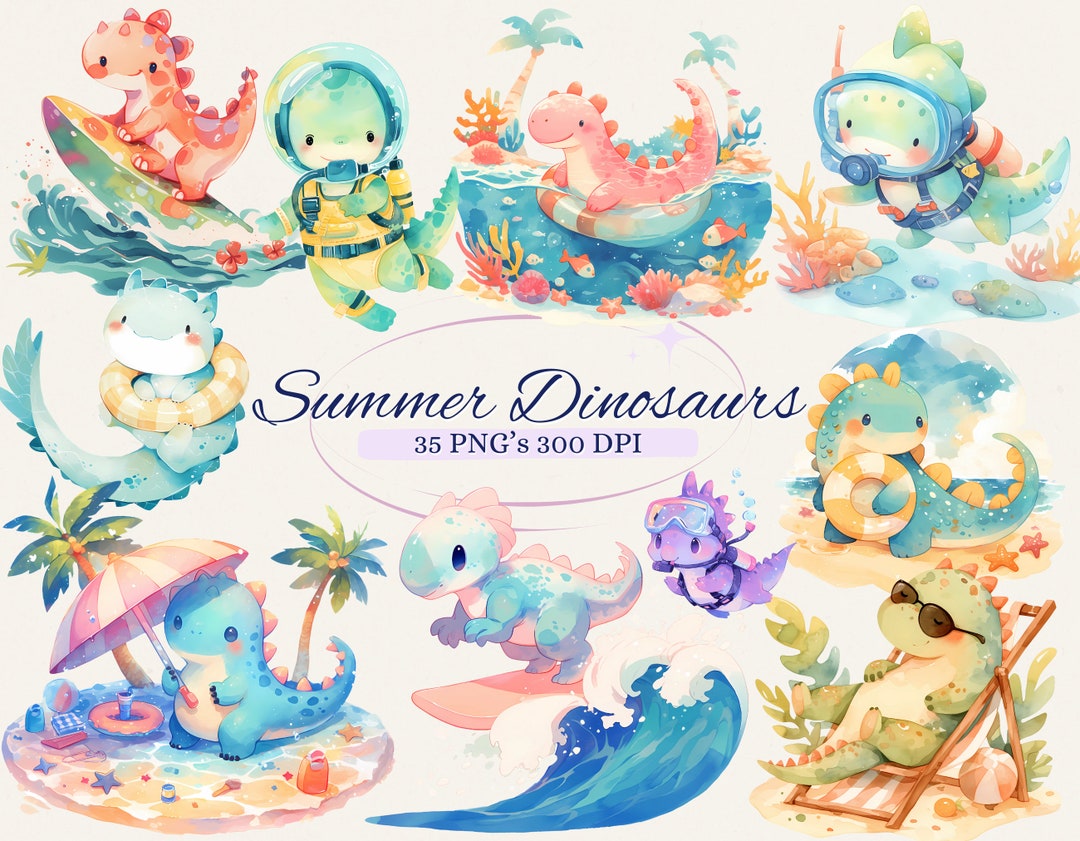 Cute Summer Dinosaurs at the Beach Clipart Set for Creative Project ...
