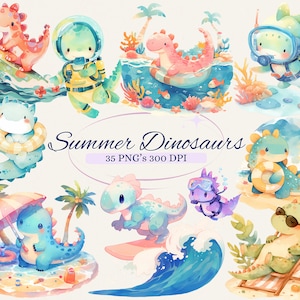 Cute Summer Dinosaurs at the Beach Clipart Set for Creative Project ...