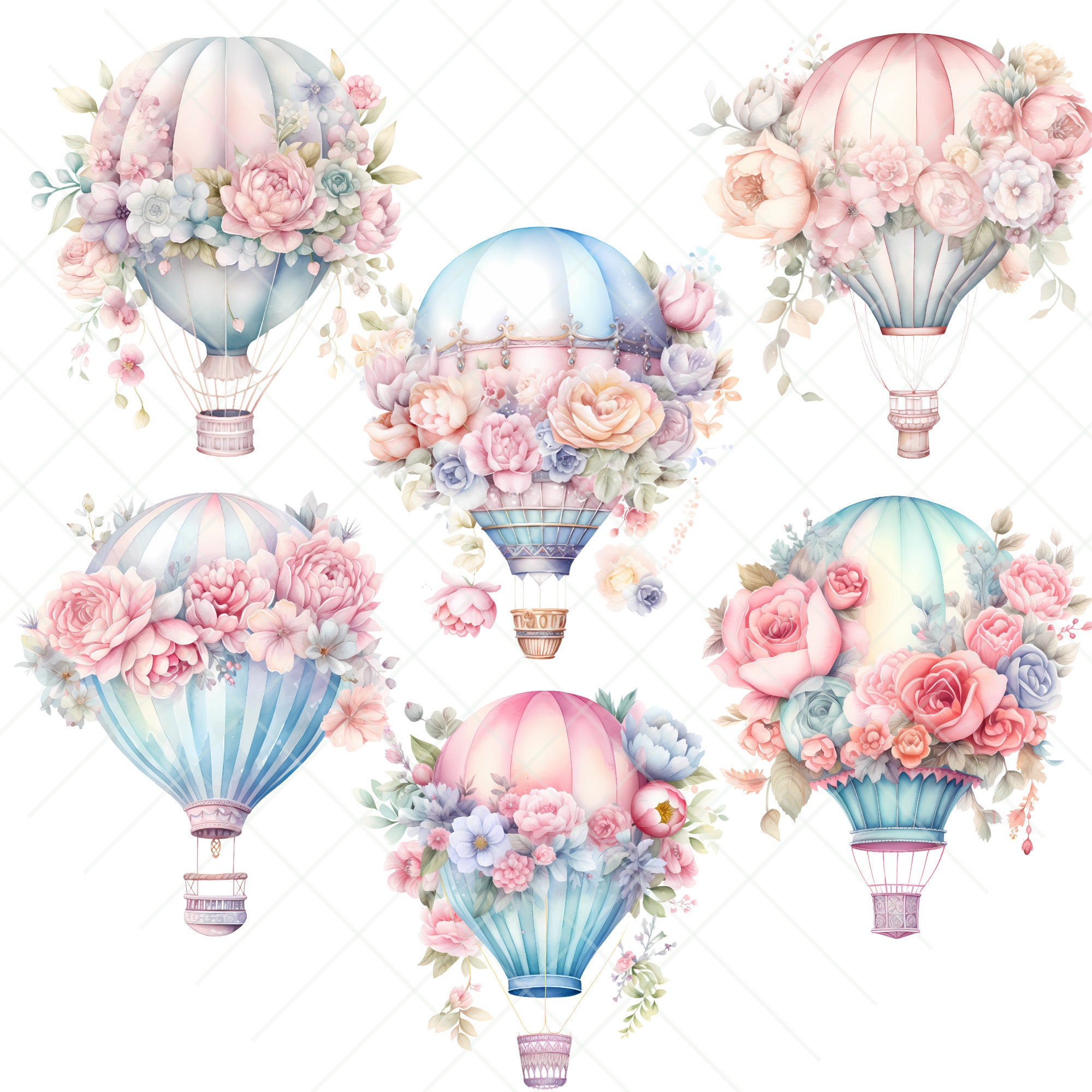 Floral Hot Air Balloons Clipart for Projects, Whimsical Nursery Wall ...