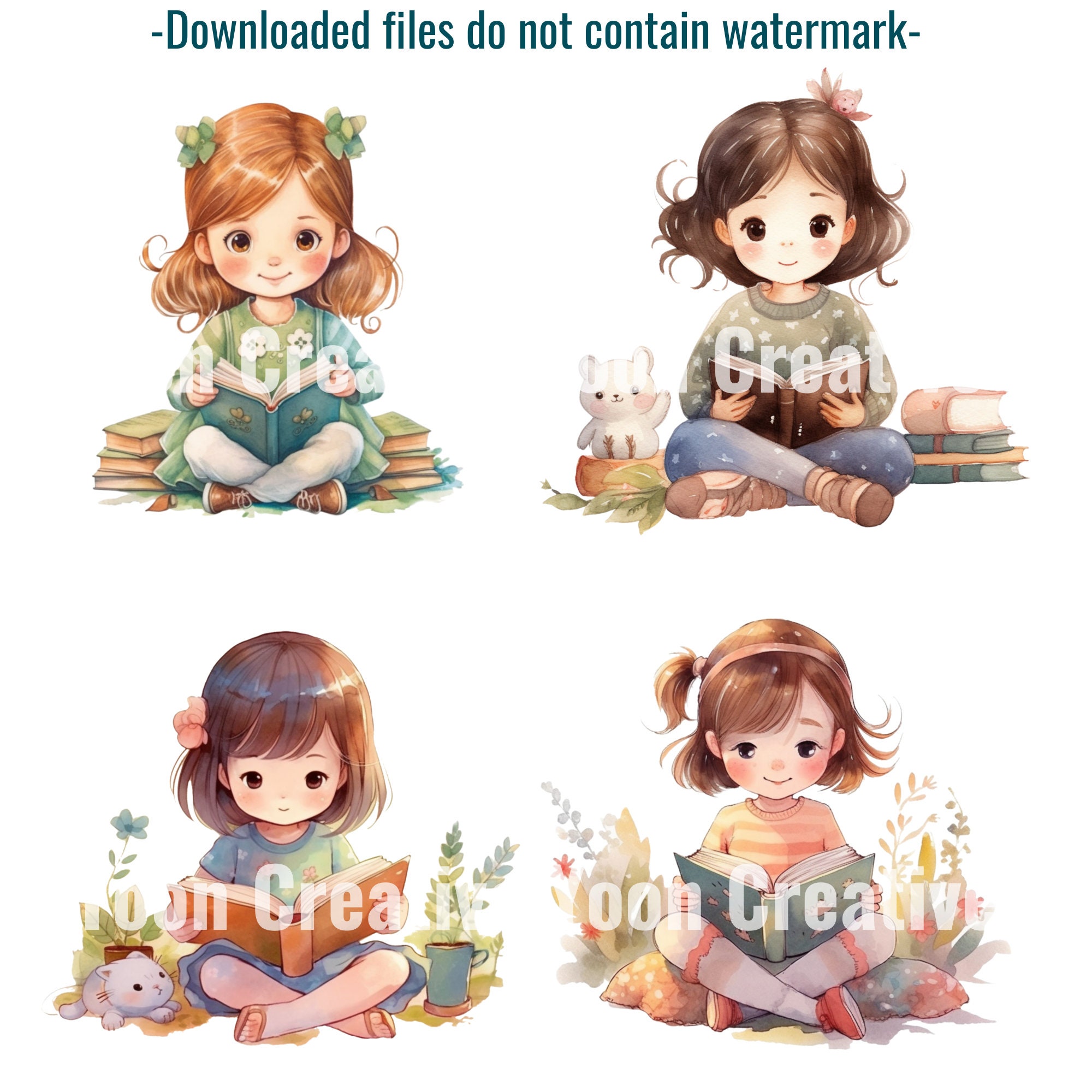 Watercolor Adorable Girl Reading a Book Watercolor Clipart Set, 9 PNG ...