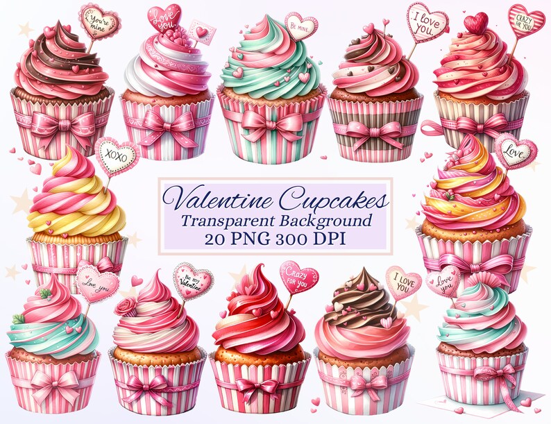 Valentine Cupcakes Clipart Bundle for Creative Project, Valentine Day ...