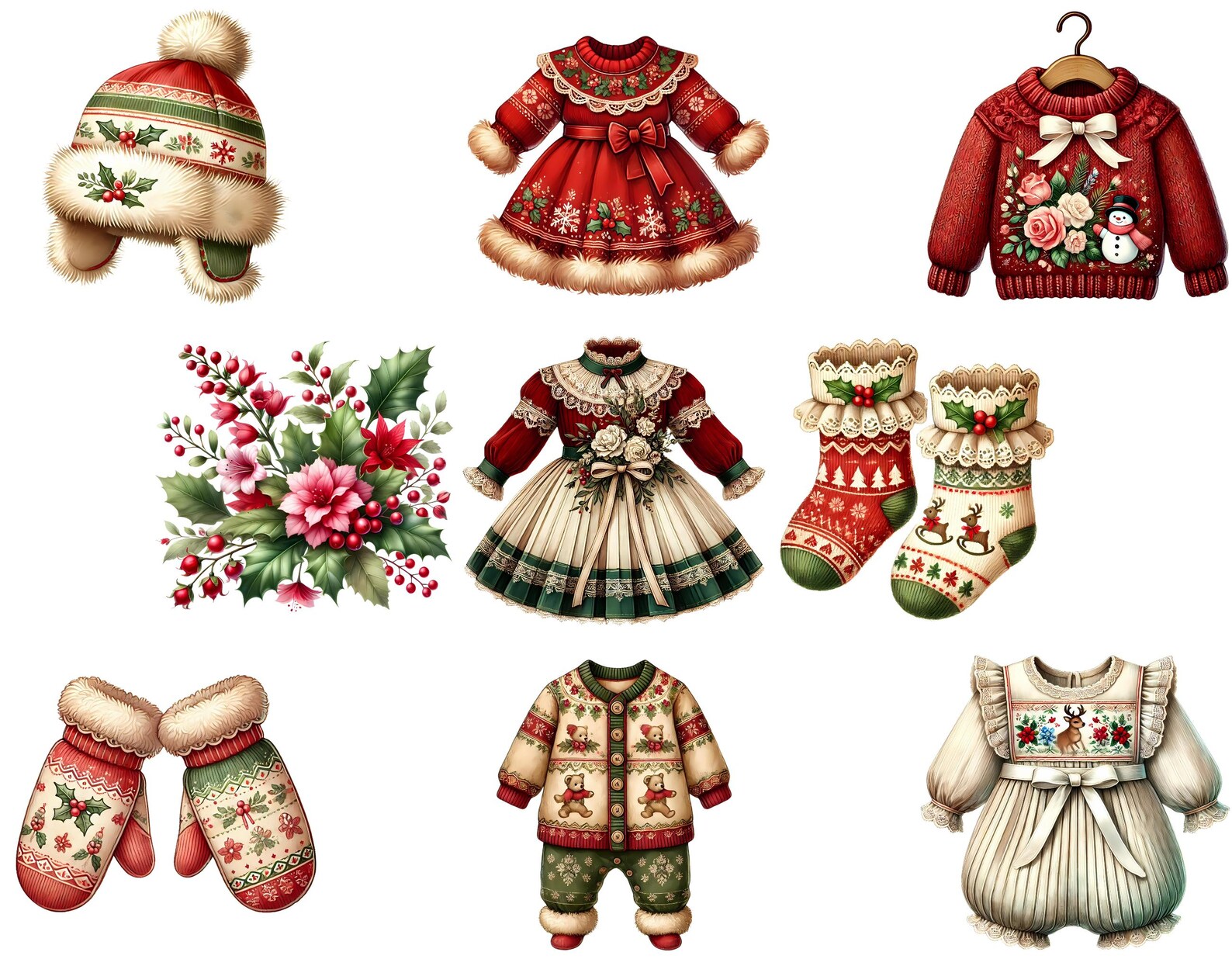Vintage Christmas Baby Clothes Clipart Set for Creative Projects, Retro ...