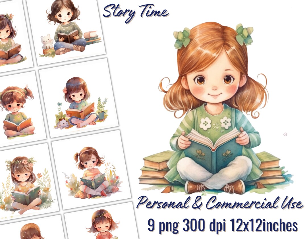 Watercolor Adorable Girl Reading a Book Watercolor Clipart Set, 9 PNG ...