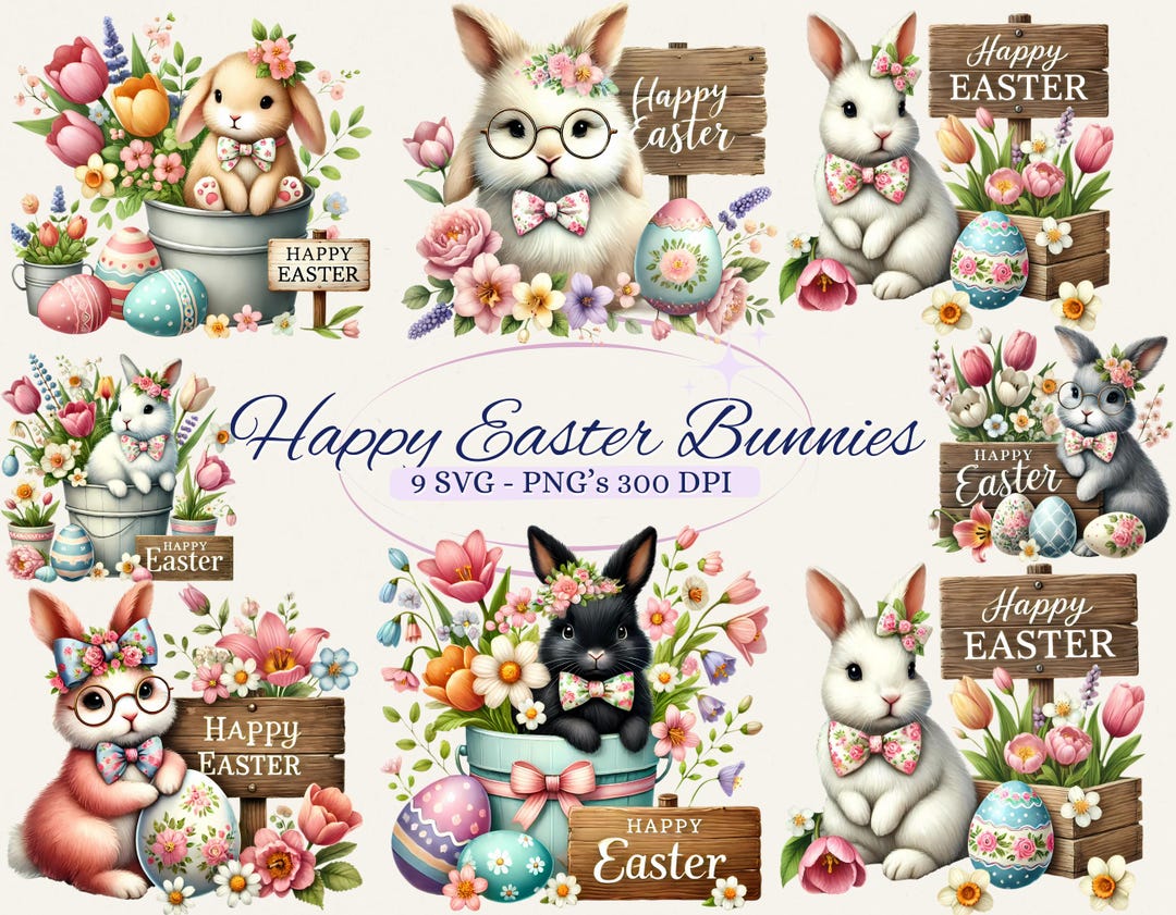 Happy Easter Bunnies Clipart Set, Cute Bunny Illustrations With Spring ...