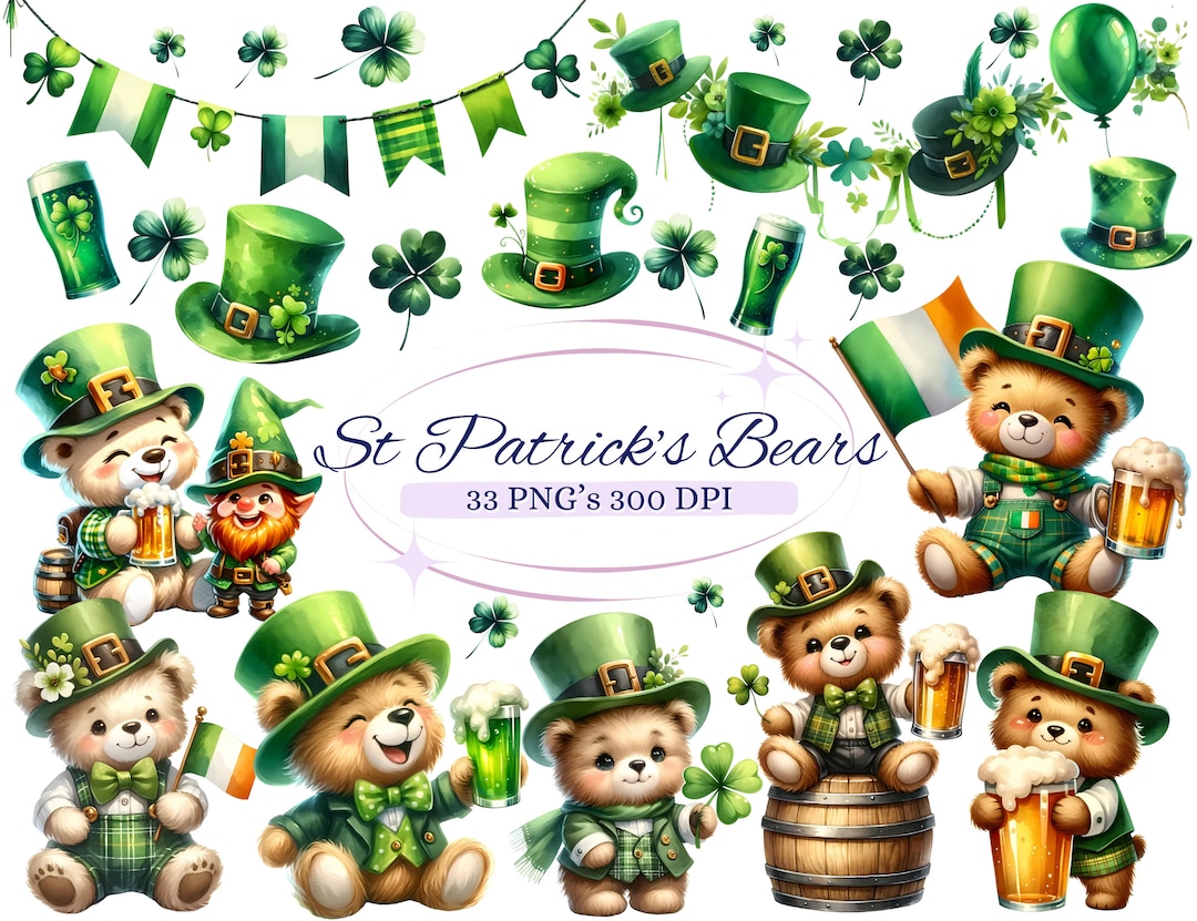 Saint Patrick's Bears Clipart Set for Creative Project, St Patrick Day ...
