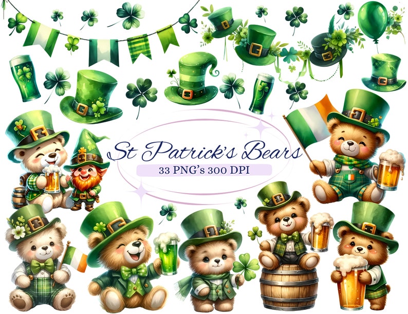 Saint Patrick's Bears Clipart Set for Creative Project, St Patrick Day ...
