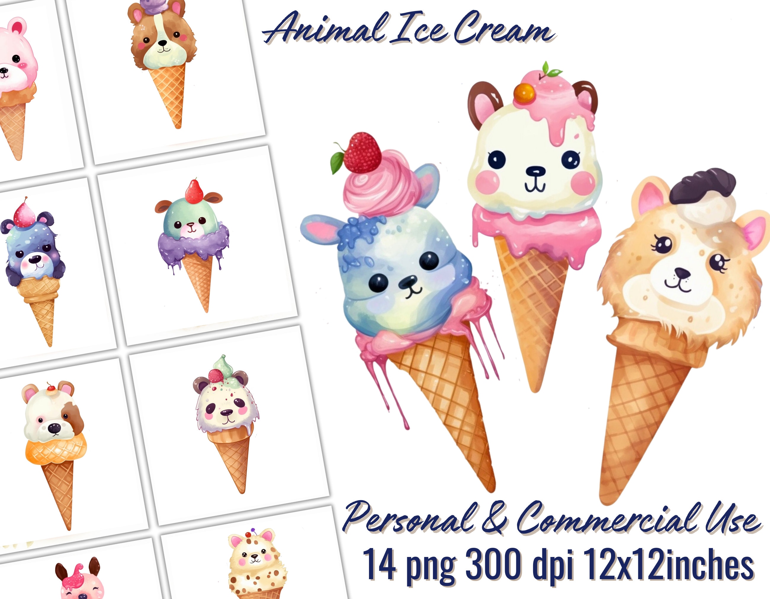 Cute Animal Ice Cream Clipart - Sticker Friendly - Dessert - Food ...