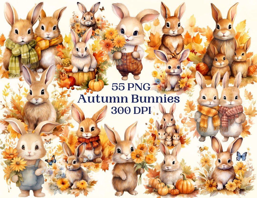 Autumn Bunnies for Creative Projects, Fall Cute Animal Printable ...