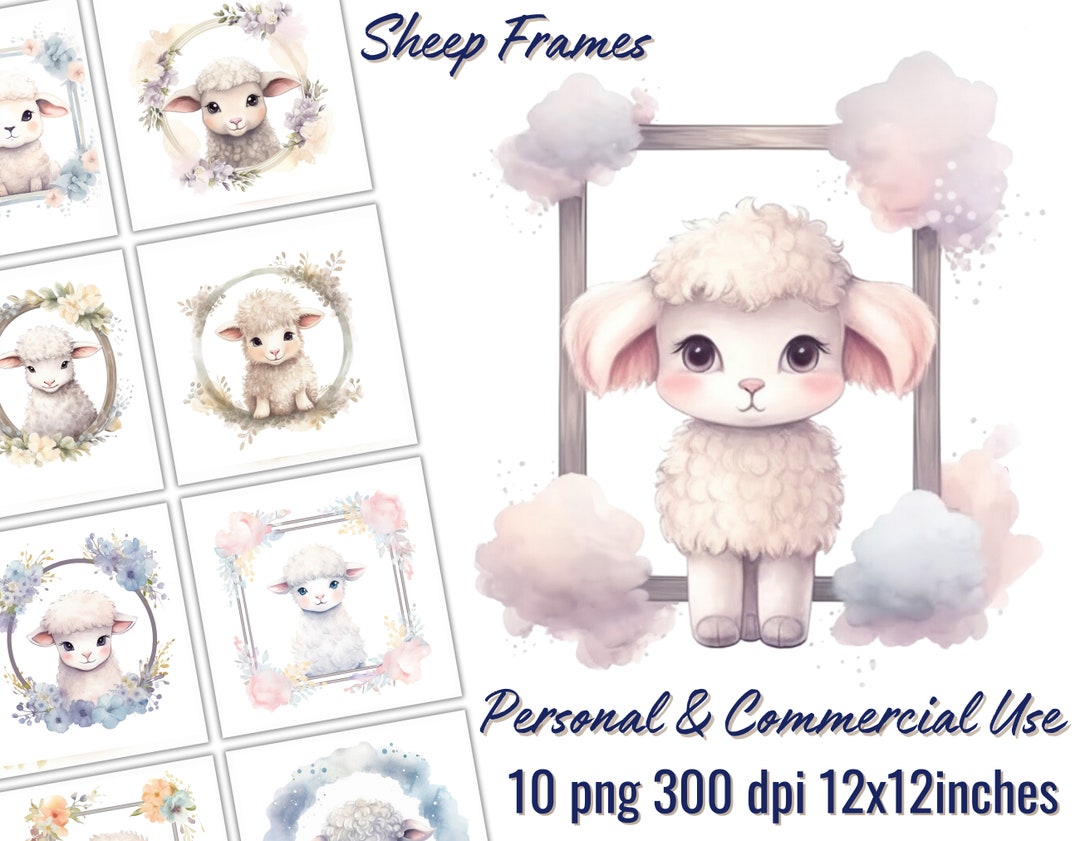 Adorable Sheep Frames Clipart Set, Charming Baby Sheep, 10 PNG ...