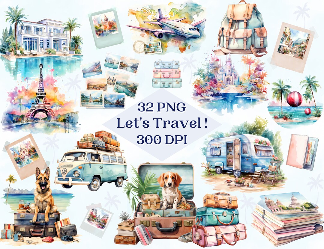 Let's Travel Watercolor Clipart for Creative Projects, Road Trip ...