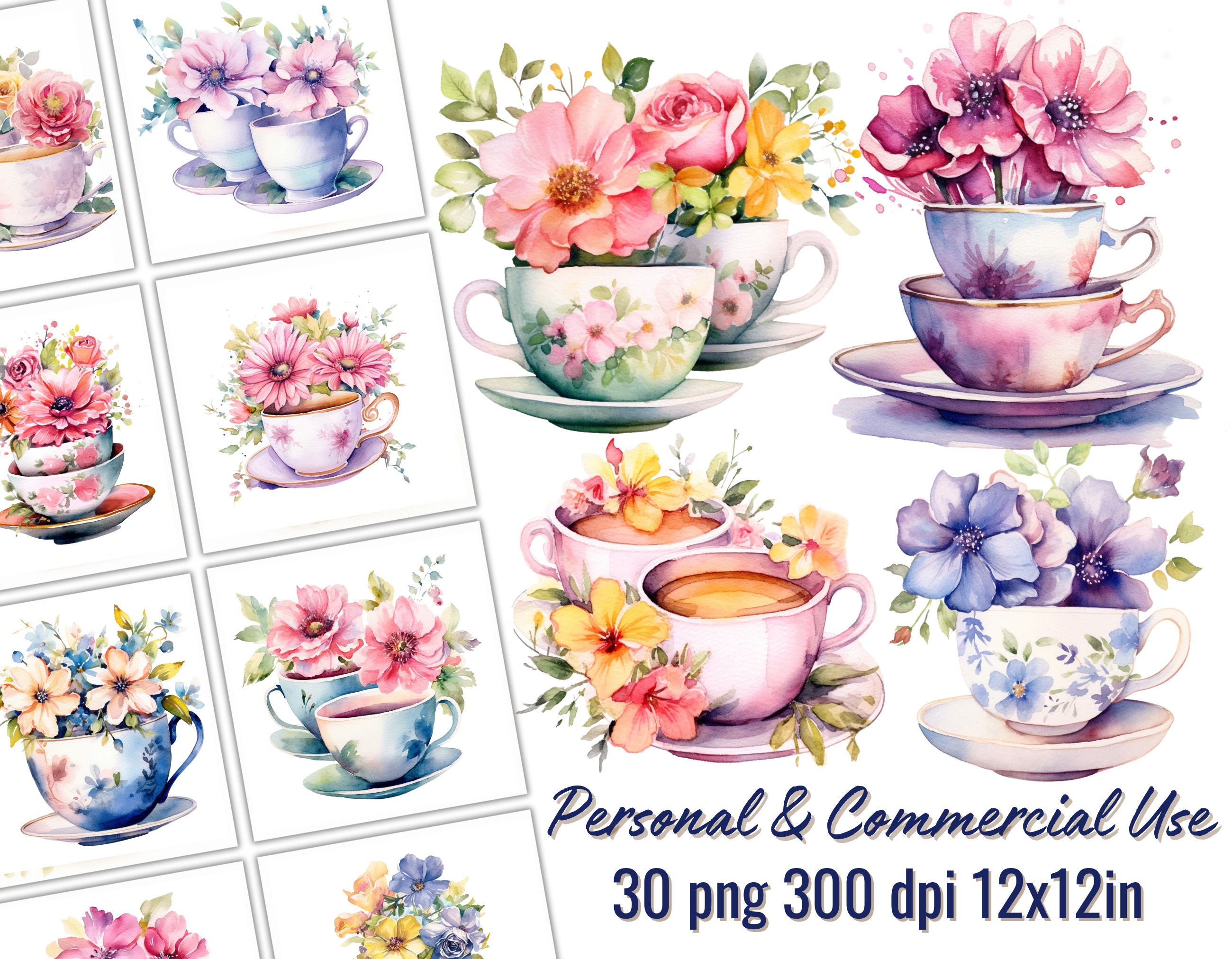 Watercolor Tea Cups Clipart Set for Creative Project 30 - Etsy