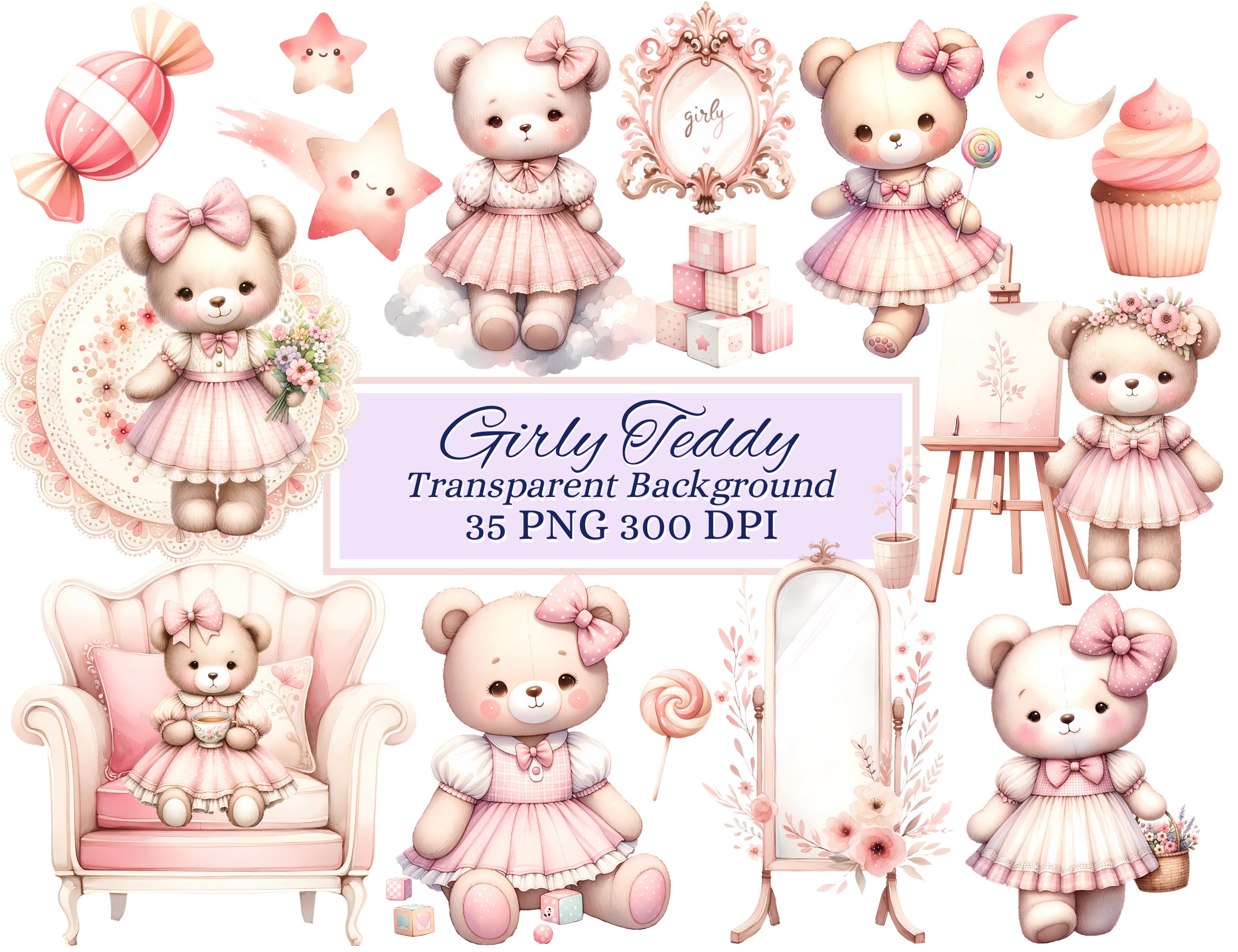 Girly Teddy Cliparts for Creative Project, Cute Bear Graphic, DIY ...