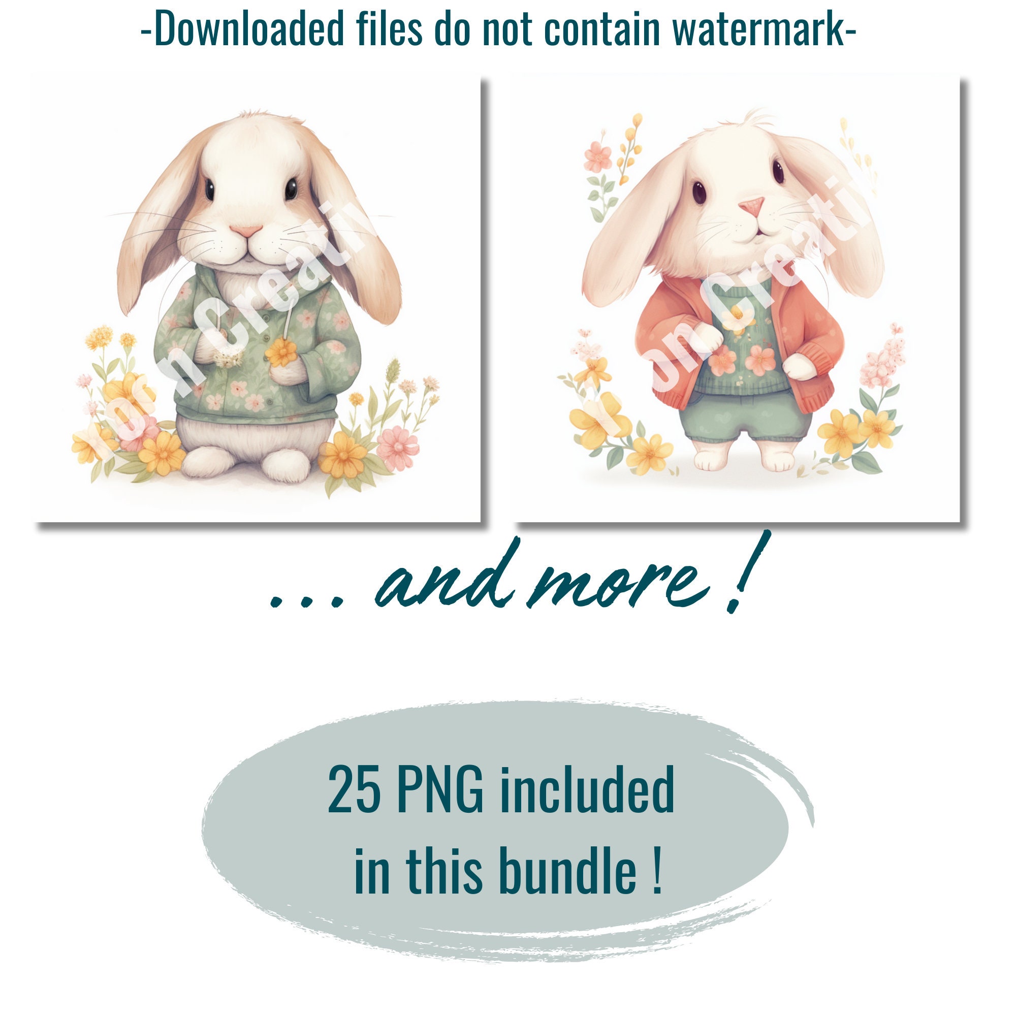 Sweet Bunnies With Flower Clipart Rabbit Illustration Bundle 25 PNG ...
