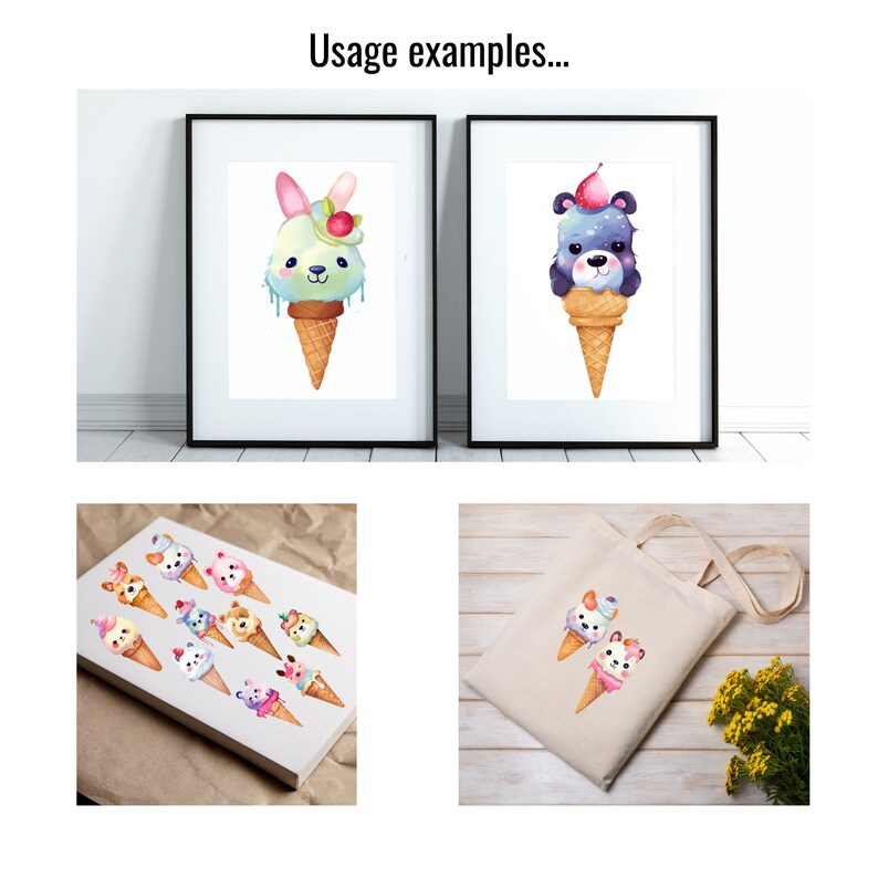 Cute Animal Ice Cream Clipart Sticker Friendly Dessert - Etsy