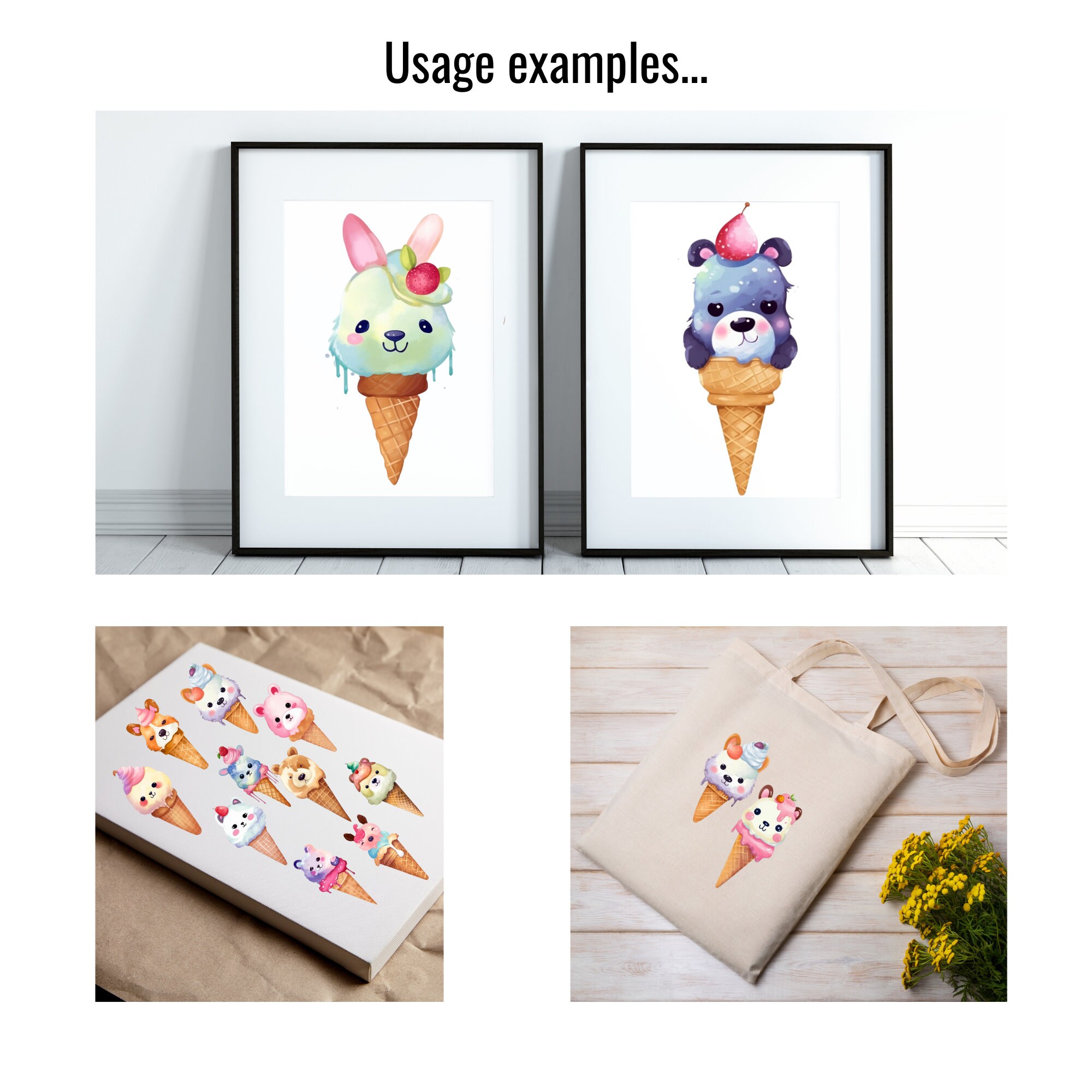 Cute Animal Ice Cream Clipart - Sticker Friendly - Dessert - Food ...