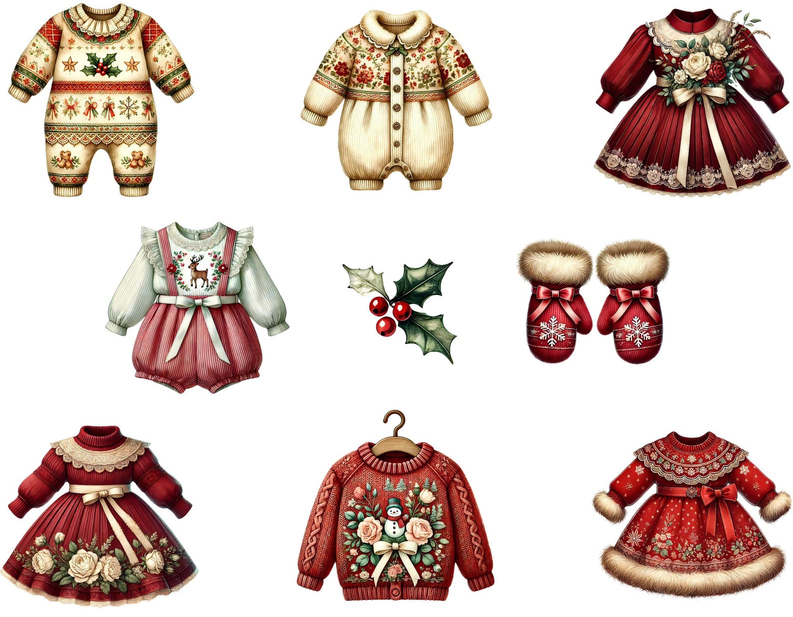 Vintage Christmas Baby Clothes Clipart Set for Creative Projects, Retro ...