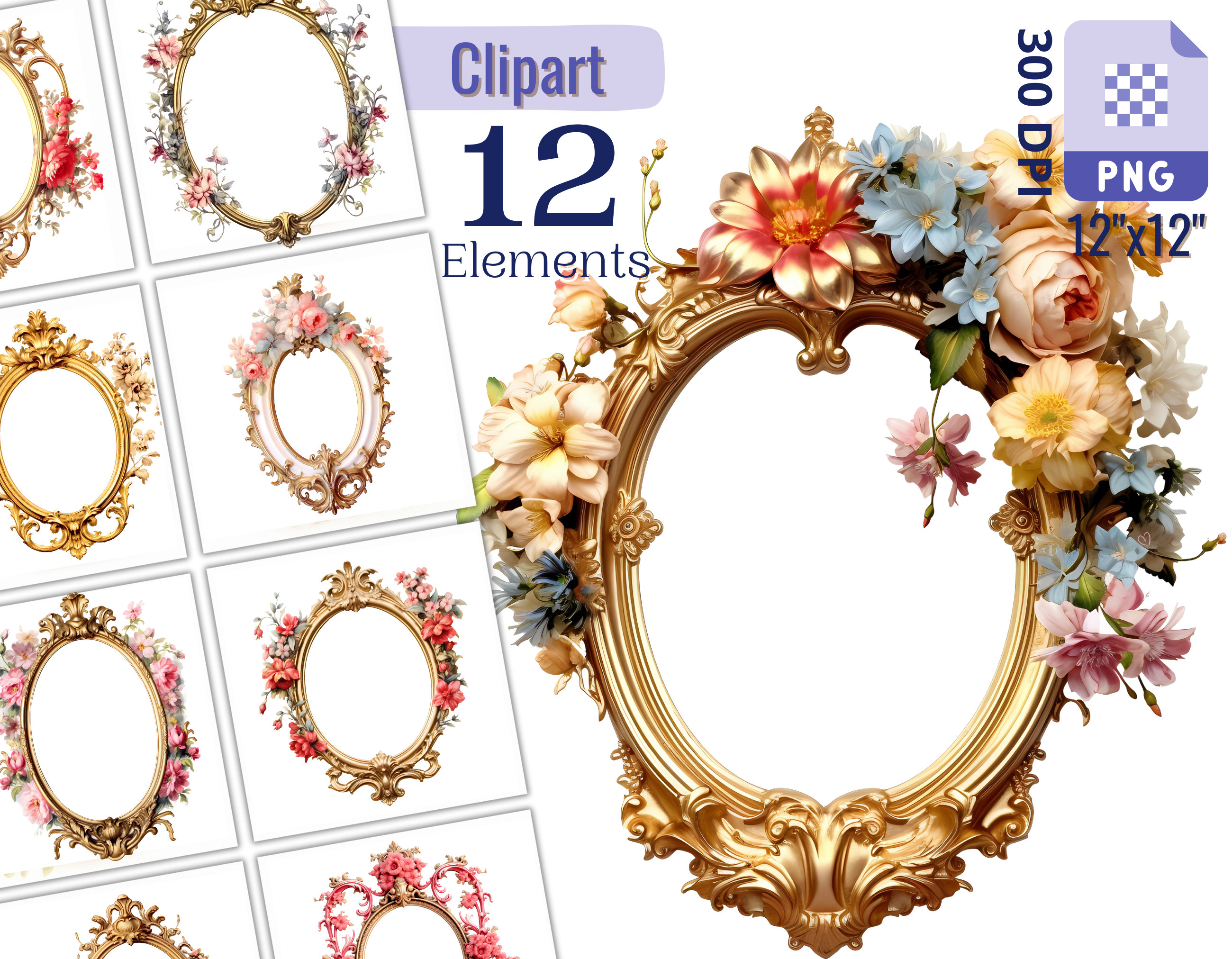 Baroque Oval Frame Clipart Set for Creative Projects, Rococo Style ...