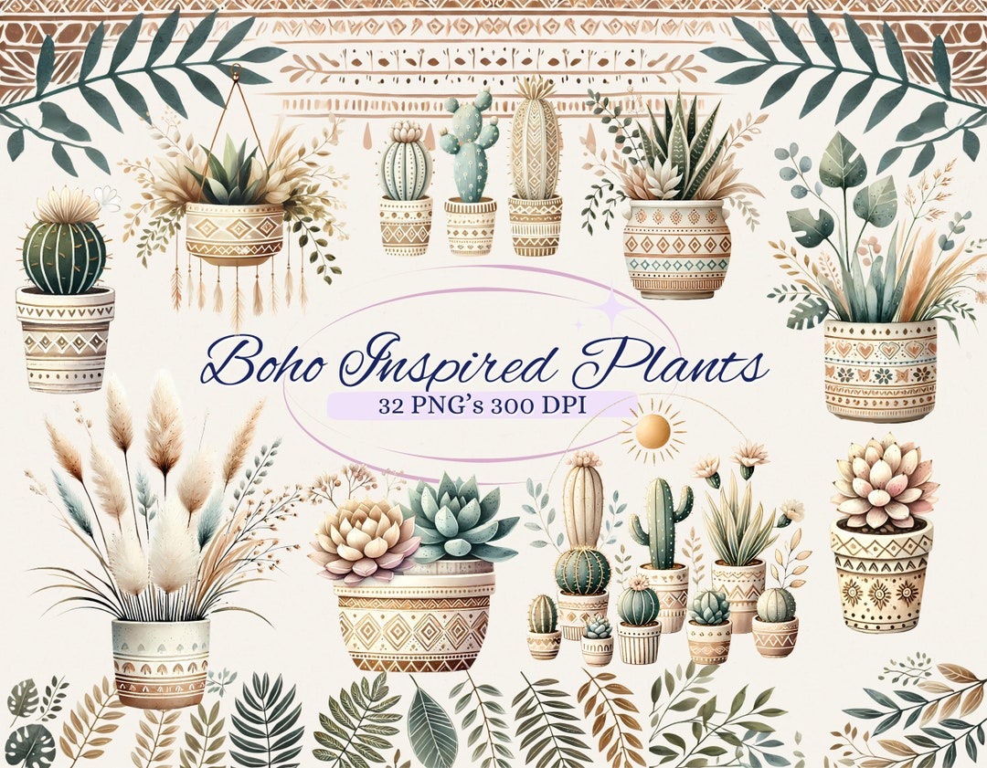 Boho Inspired Indoor Plant Clipart Set for Creative Project, Bohemian ...