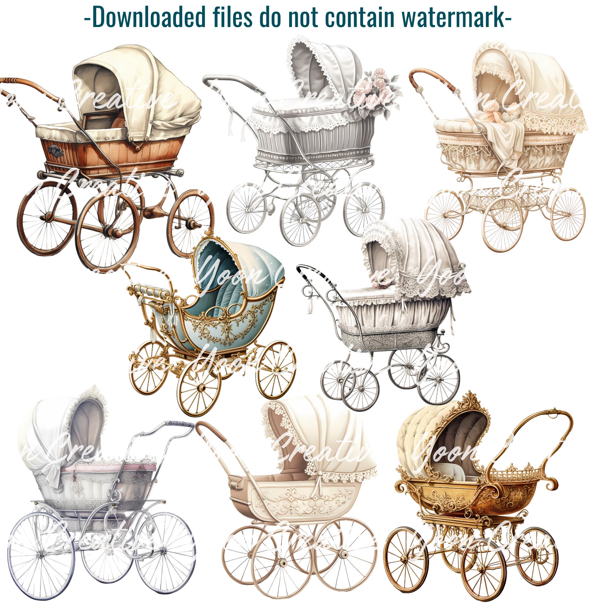 Vintage Baby Stroller Clipart Set for Creative Projects, Junk Journal ...