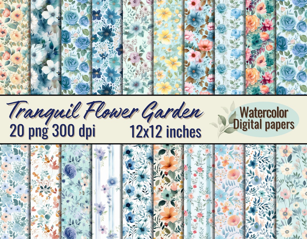 Set of Blue Watercolor Floral Patterns, Digital Paper, 20 PNG Spring ...