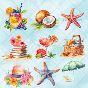 Watercolor Summer Vibes Clip Art - Summer Bundle - Beach Accessories ...