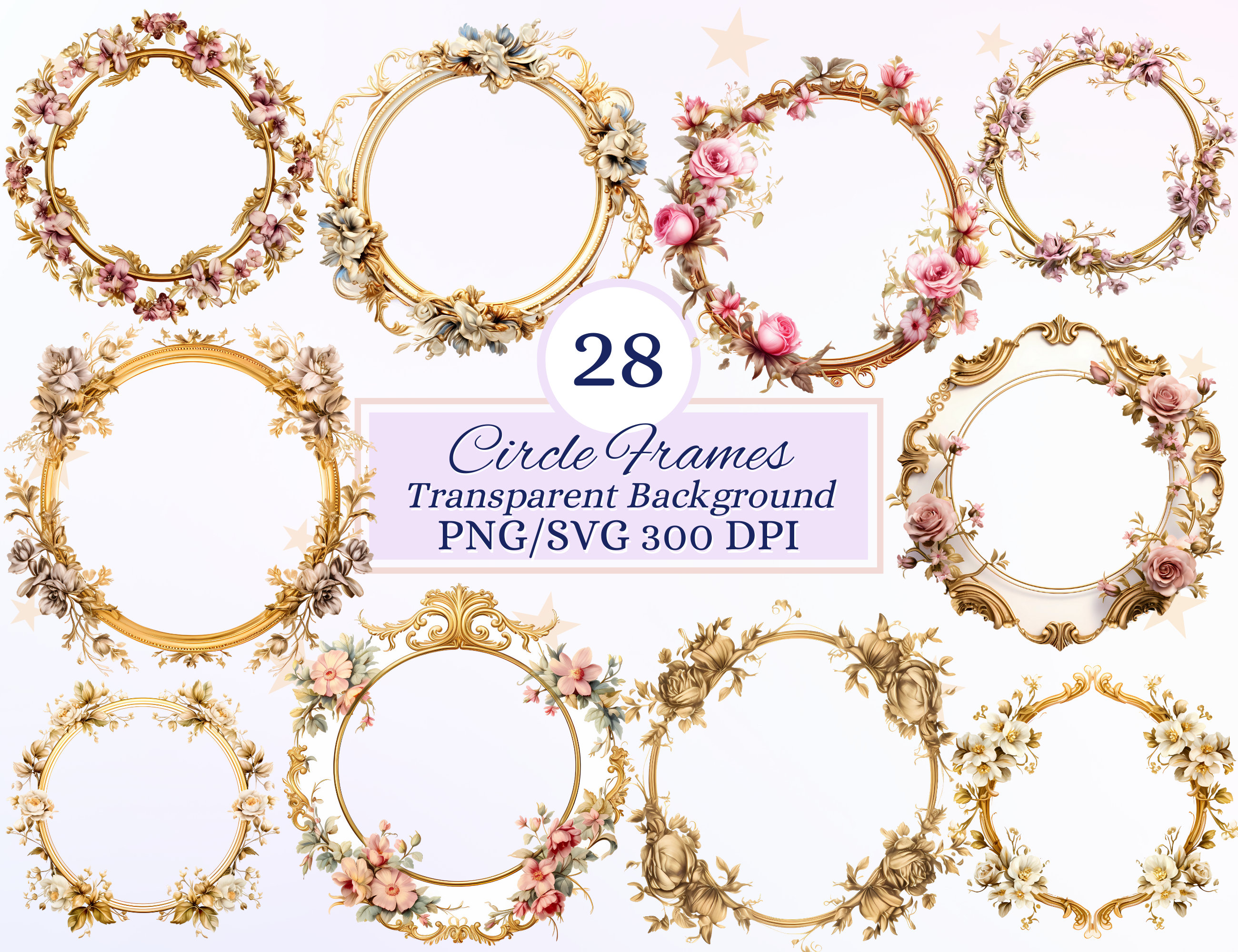 Baroque Circle Frame Clipart Set for Creative Projects, Rococo Style ...