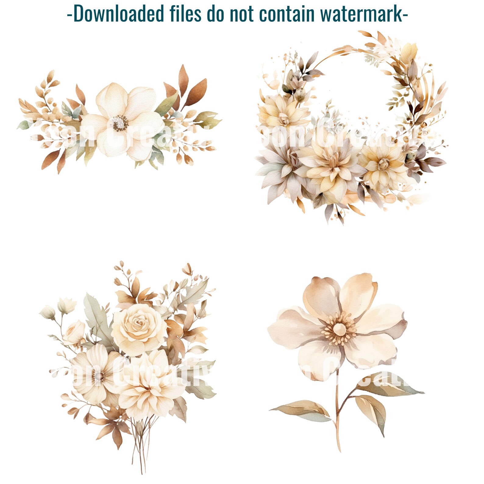Neutral Beige Flowers Clipart, 60 PNG, Watercolor Floral Design ...